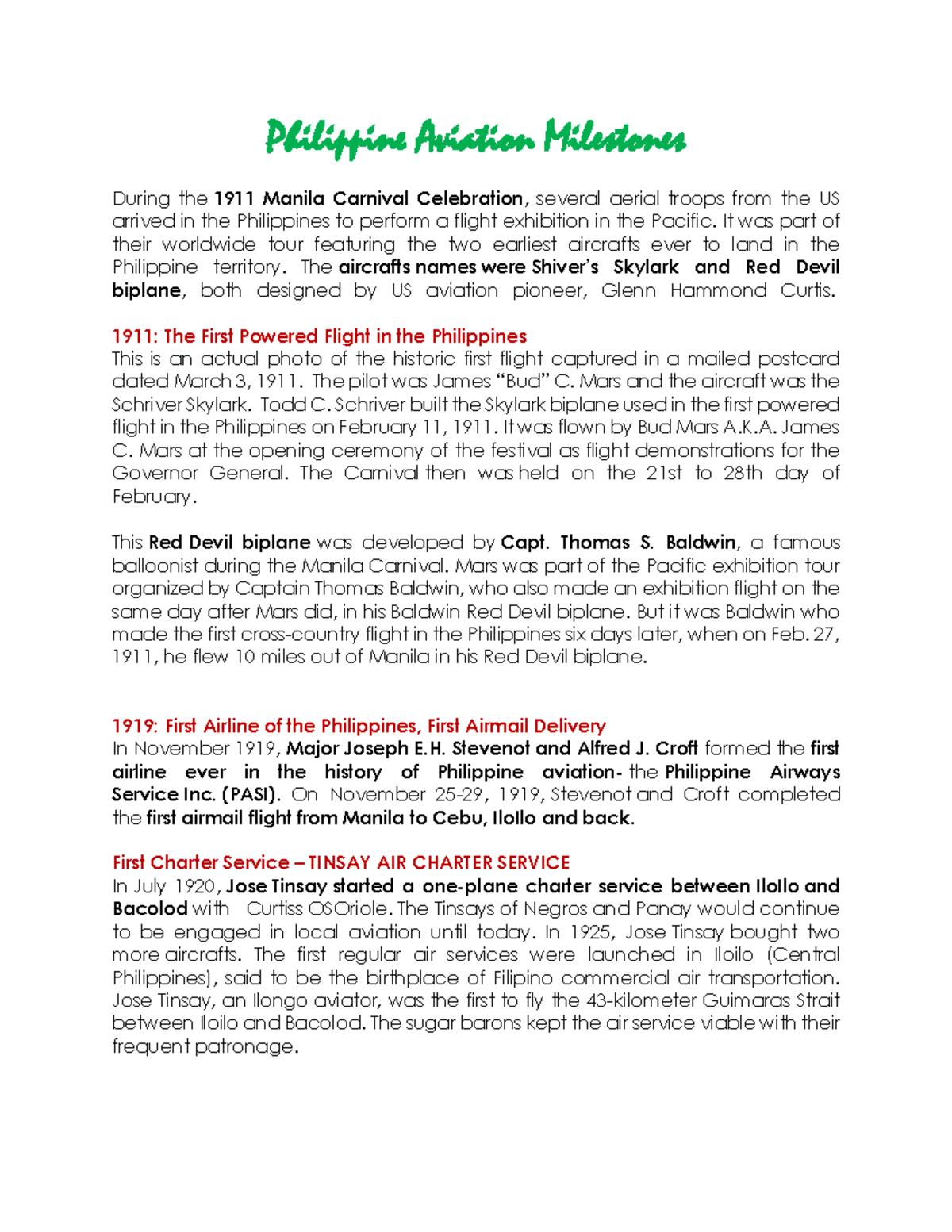 Philippine Aviation Milestones: Key Events in Flight History - Studocu