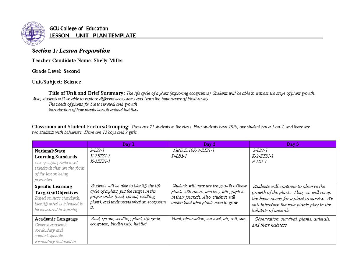 3-day unit plan template T7 - Section 1: Lesson Preparation Teacher ...