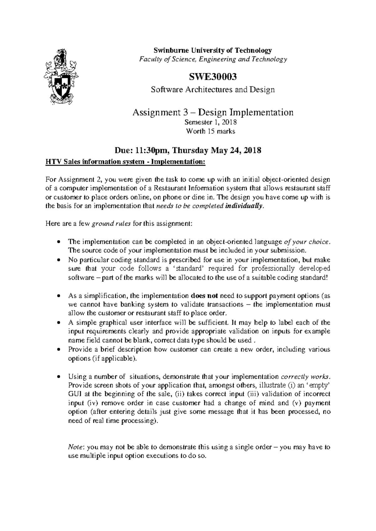 SWE30003 Assignment 3 - Implementation of HTV Sales System Design - Studocu