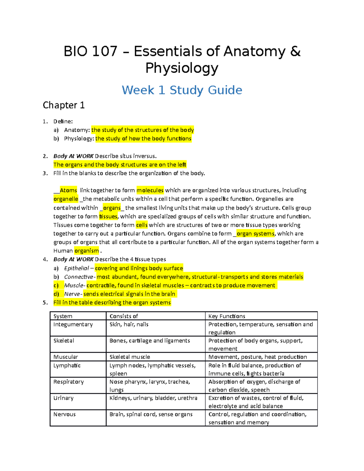 Chapter 1- ANatomy - BIO 107 – Essentials of Anatomy & Physiology Week ...