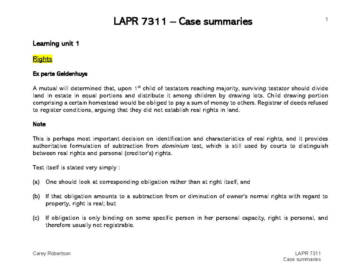 LAPR 7311 - Case summaries 2020 - Carey Robertson LAPR 7311 Learning unit 1 Rights Ex parte ...