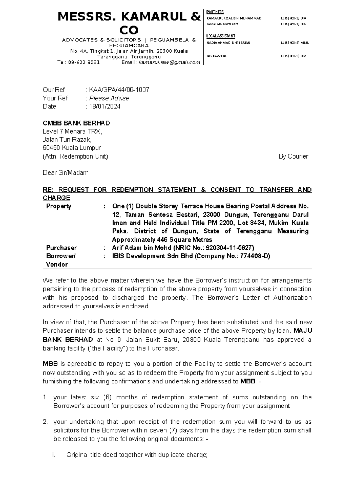 Letter of Request for Redemption Statement & Transfer - KAA/SPA/44/06 ...