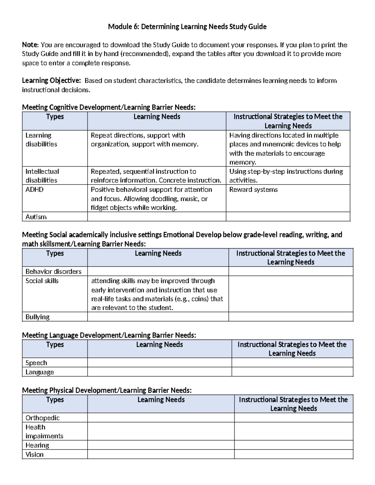 Module 6 Study Guide - coursework - Module 6: Determining Learning ...