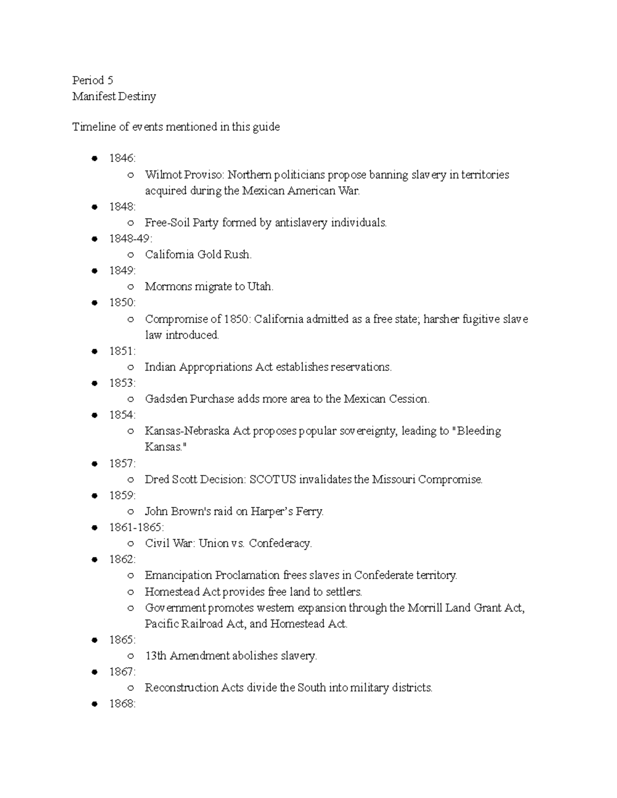 Unit 5 Review (1844-1877) - Period 5 Manifest Destiny Timeline of ...