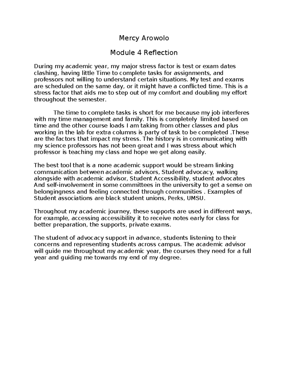 Module 4 - creativde practice hw - Mercy Arowolo Module 4 Reflection During my academic year, my ...