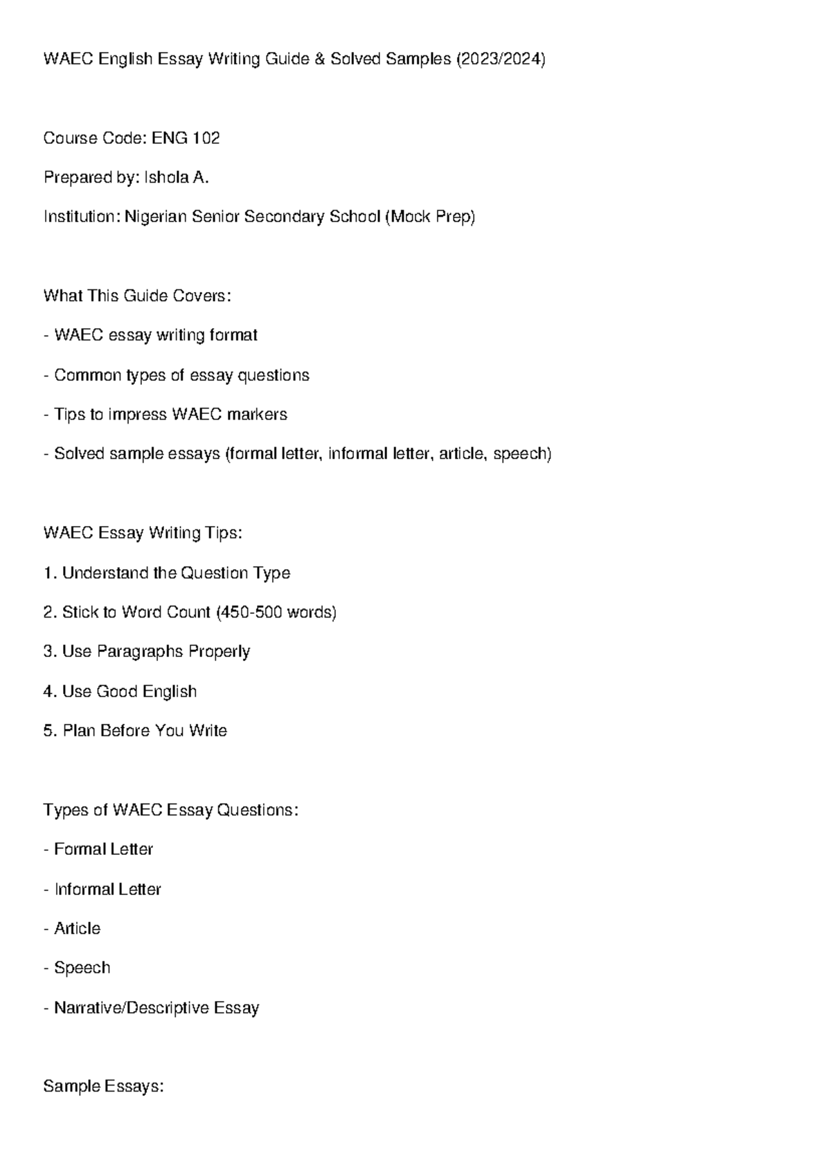 WAEC English Essay Writing Guide & Solved Samples (ENG 102) - Studocu