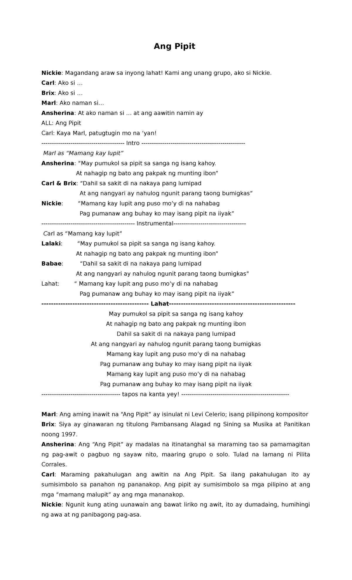 Ang Pipit: Isang Pagsusuri ng Awiting ni Levi Celerio - Studocu