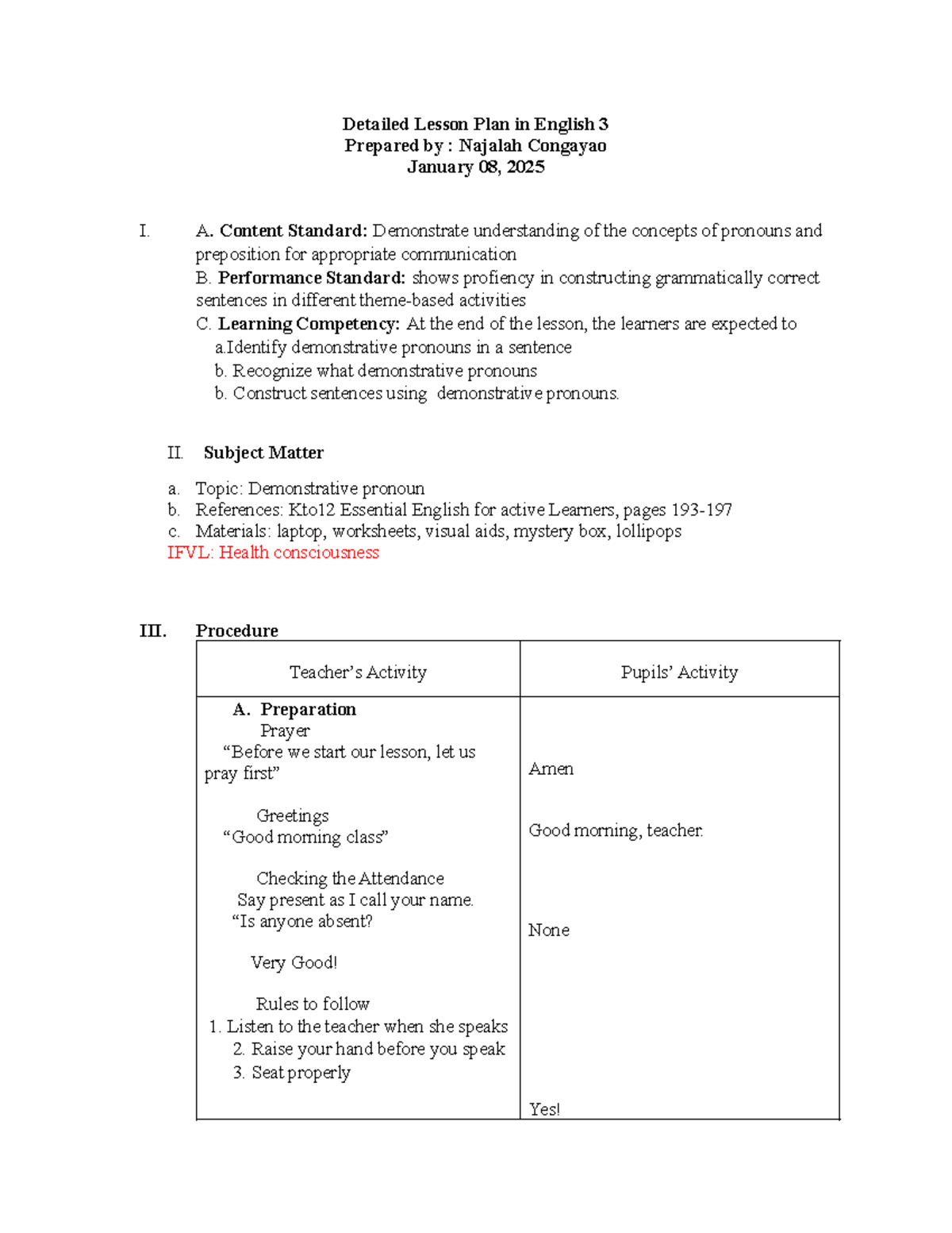 detailed lesson plan in English 3. Demonstrative ORIG - Detailed Lesson ...