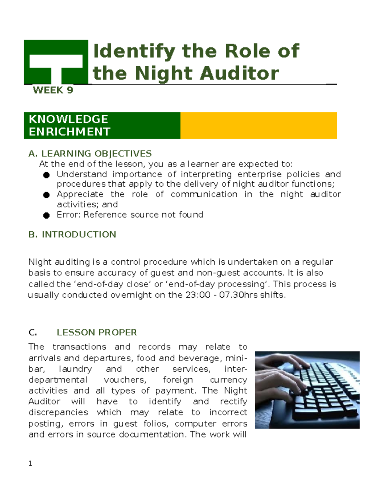 Front Office LESSON 9: Night Auditor Role & Responsibilities - Studocu