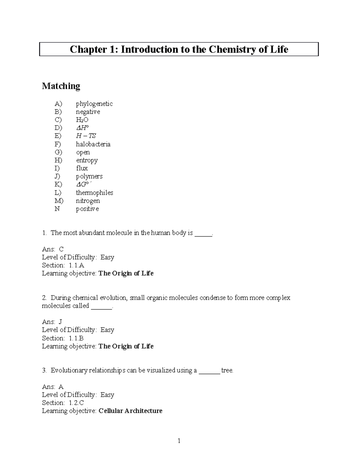 Biochemistry Chapter 1 Test Bank: Chemistry of Life Insights - Studocu