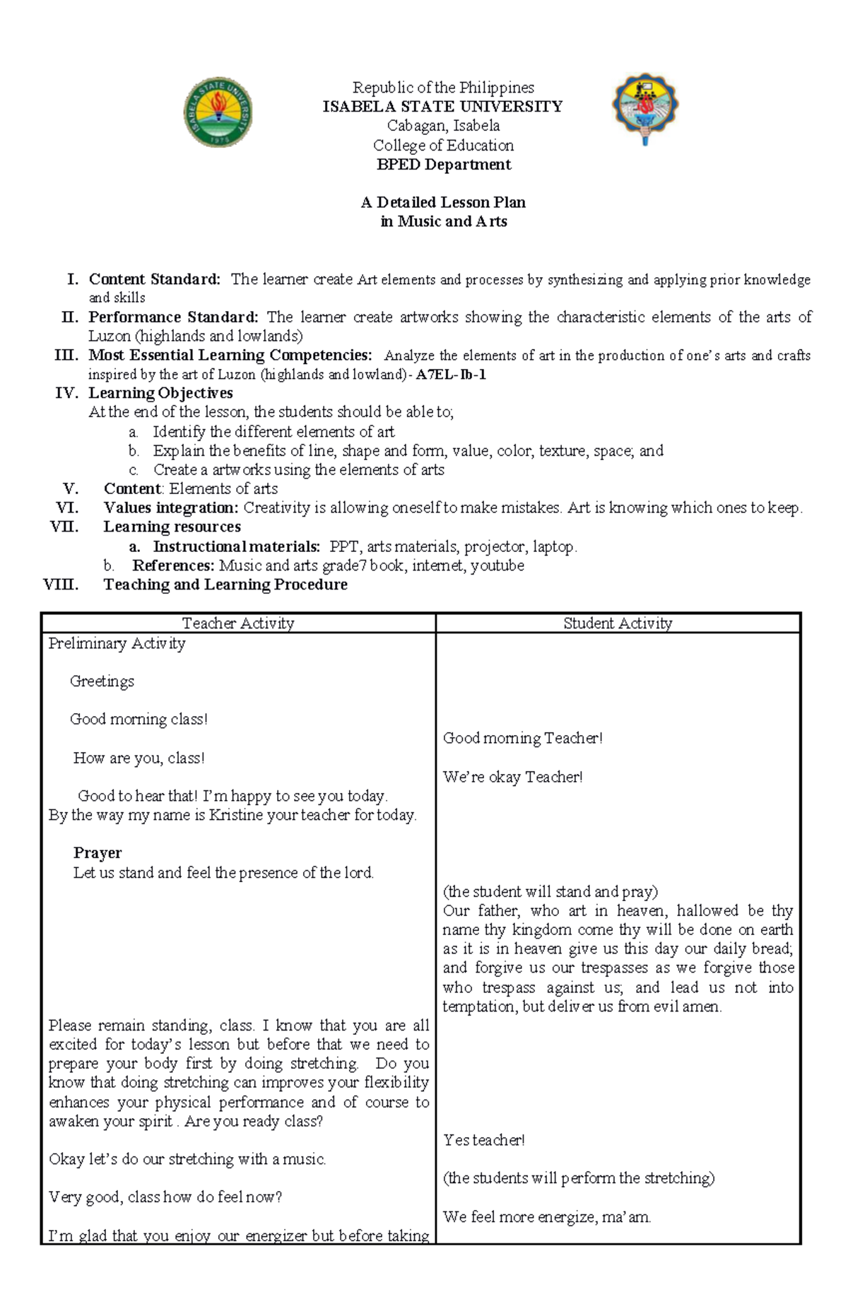 Detailed Lesson Plan in Music and Arts (BPED) - Studocu