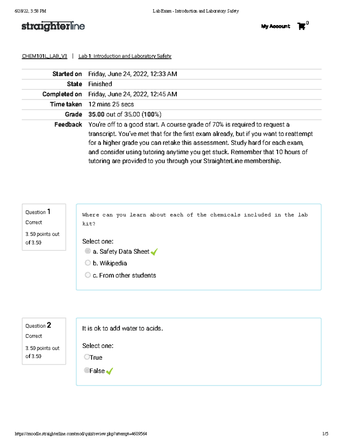 CHEM101L Lab 1 Exam: Intro & Lab Safety Results & Feedback - Studocu