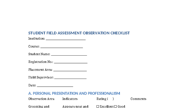 Student Field Assessment Observation Checklist (Course Code) - Studocu