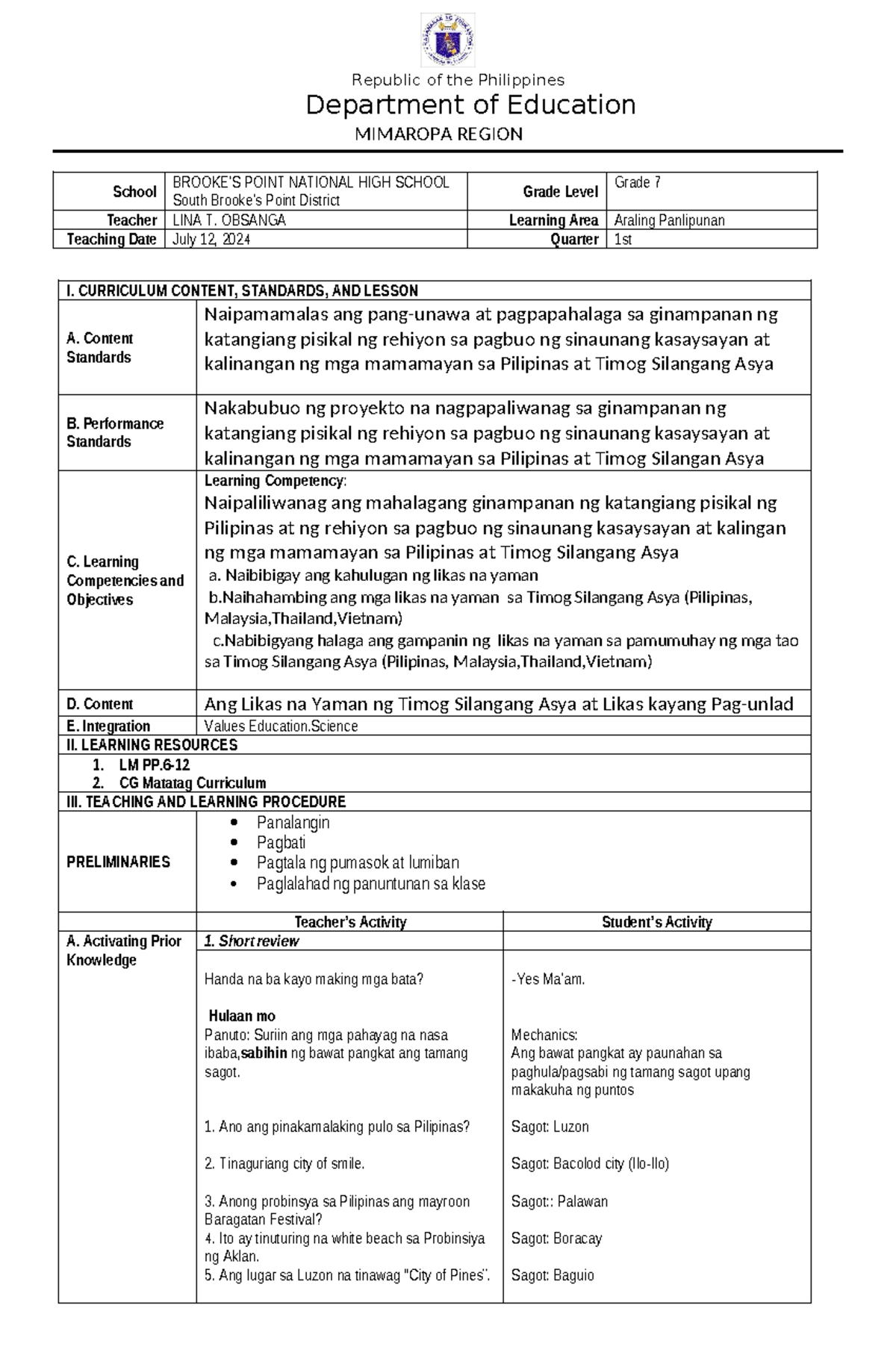 Matatag LP AP7 Ltobsanga - Department of Education MIMAROPA REGION ...