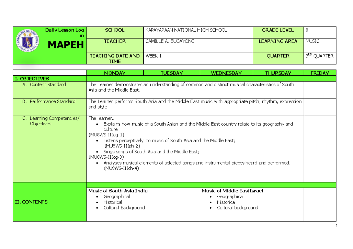 Grade 8 MAPEH DLL: Exploring South Asian & Middle Eastern Music - Studocu