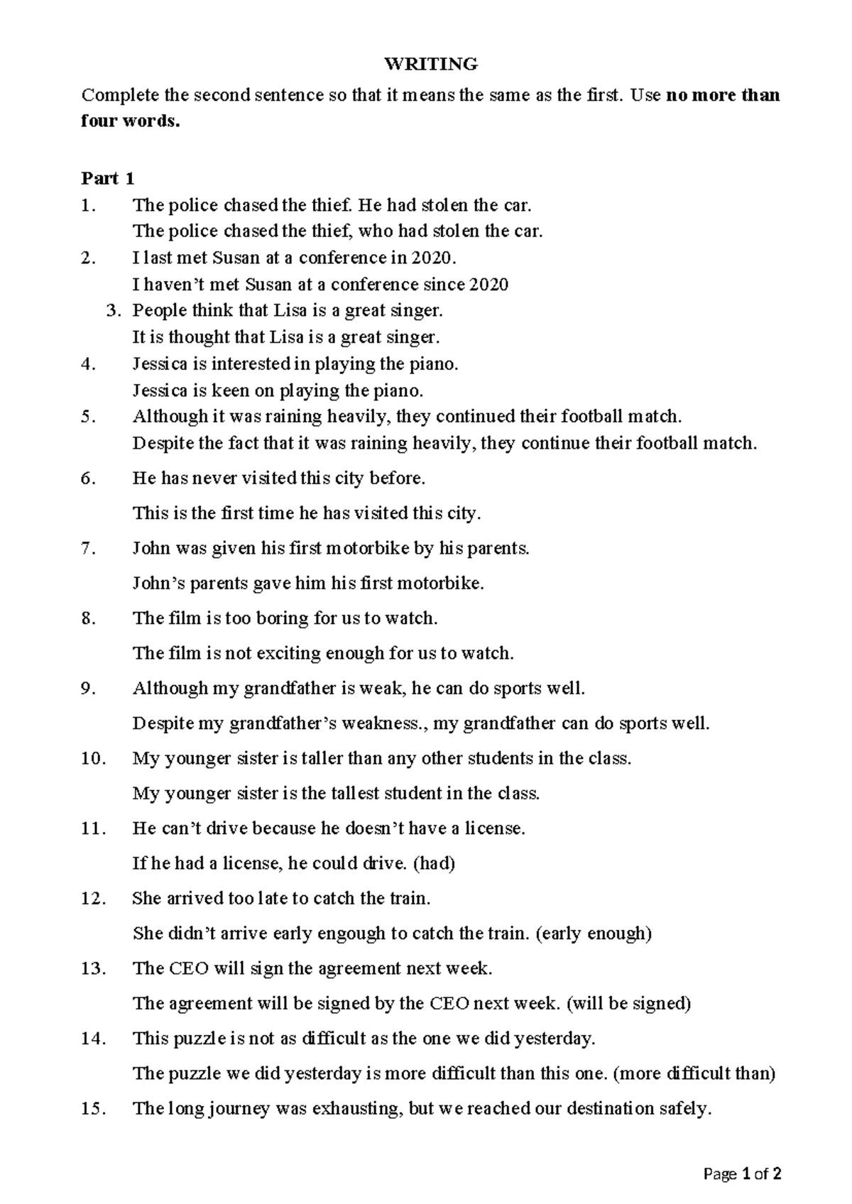 WRITING Exercise: Complete the Sentences with Four Words Max - Studocu