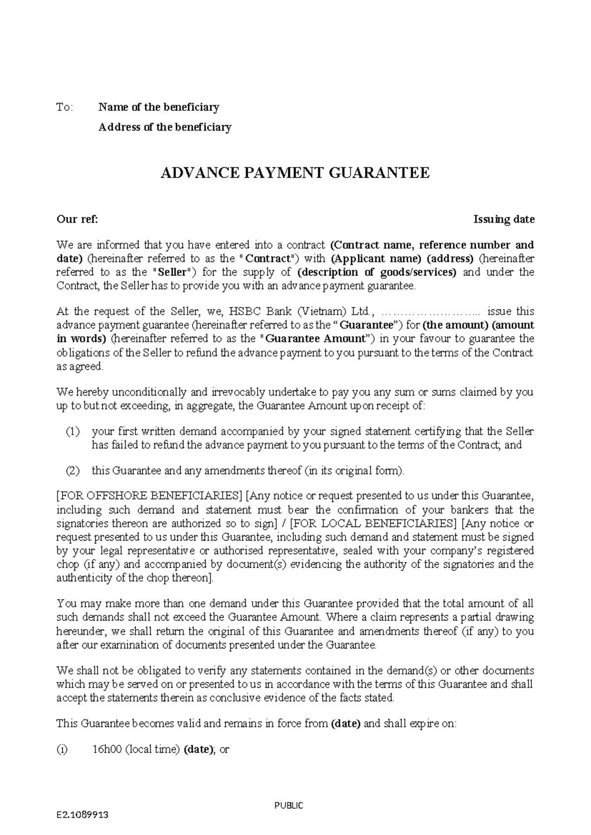 Advance Payment Guarantee Document - HSBC Bank (Vietnam) Ltd. - Studocu