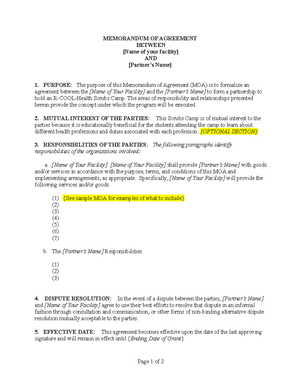 Moa Template For R Cool Health Scrubs Camp Agreement Studocu