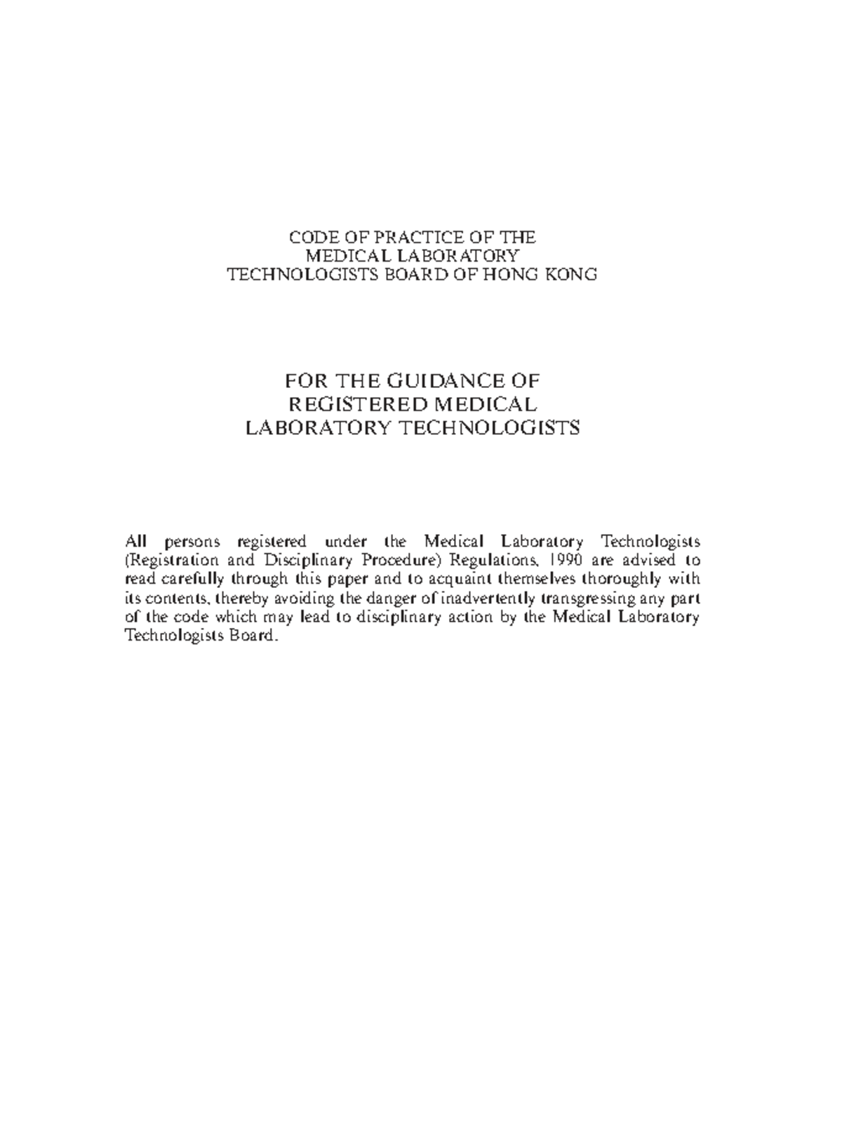 Code of Practice for Registered Medical Laboratory Technologists - Studocu
