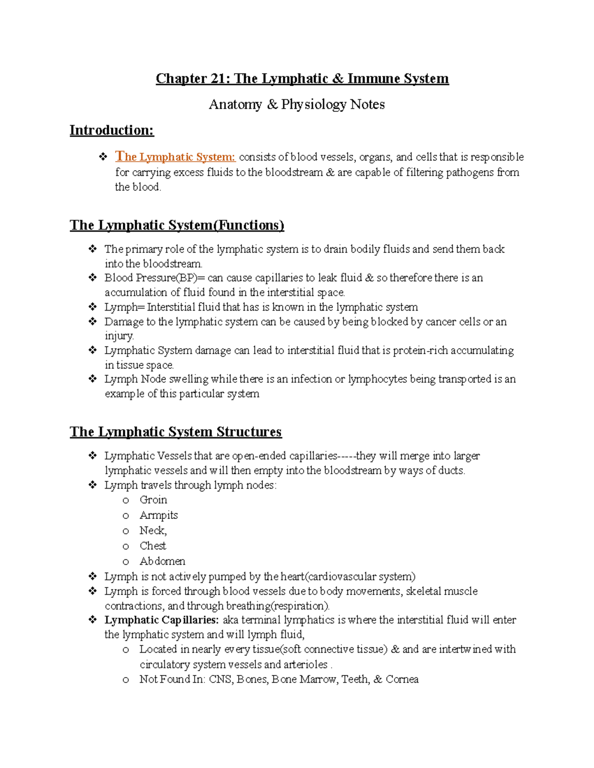 Anatomy and Physiology The Lymphatic System Notes - Chapter 21: The ...