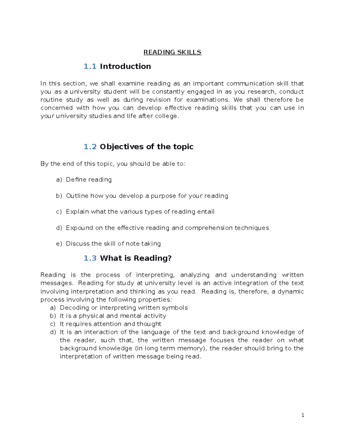 Reading Skills - Notes - READING SKILLS 1 Introduction In this section ...
