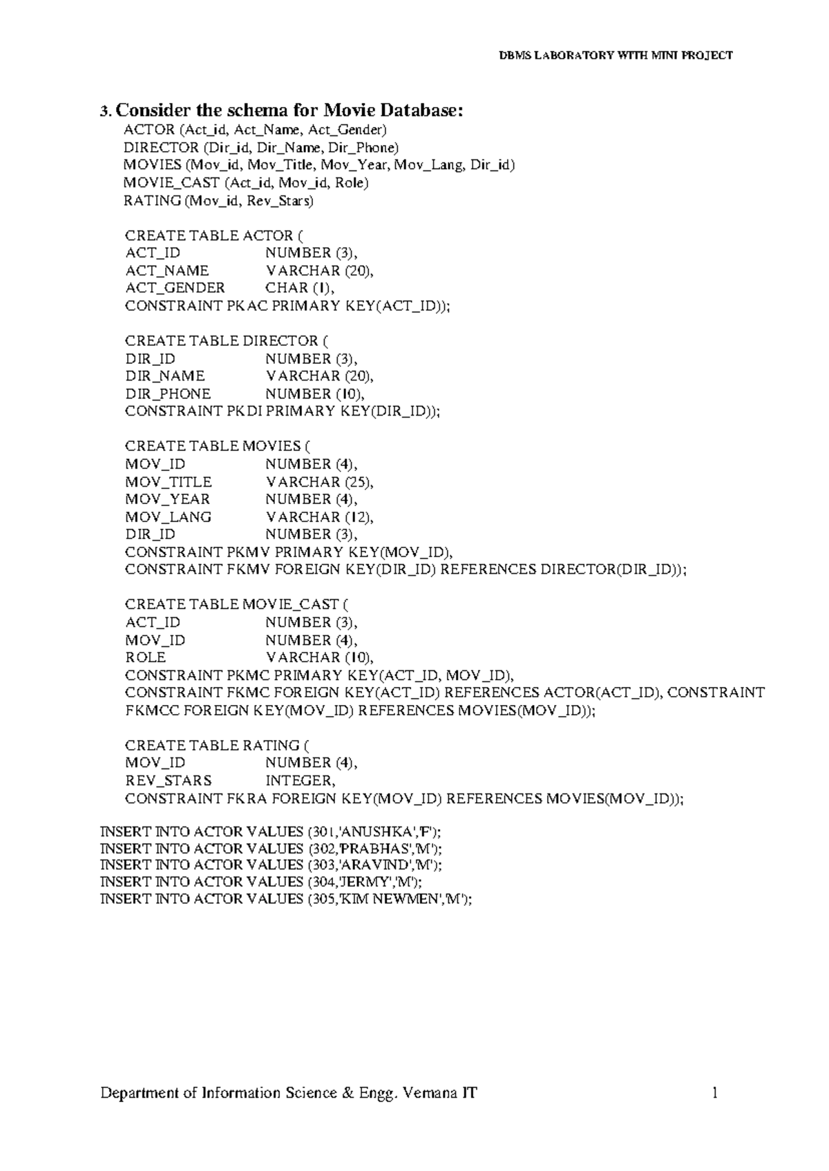 DBMS Lab Problem 3: Movie Database Schema and Queries - Studocu