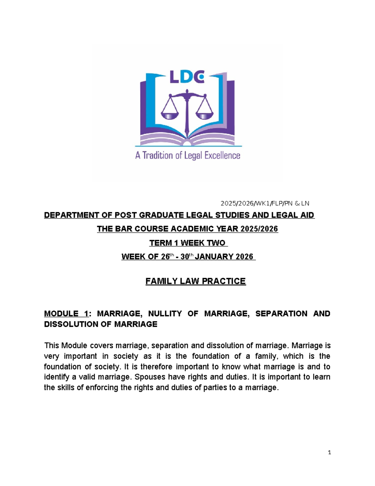 LN PG Legal Studies & Legal Aid: Family Law Practice Module 1 ...