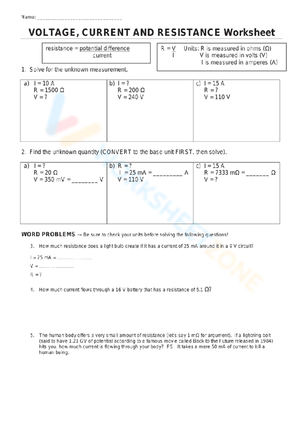 Resistance Calculations Worksheet - Current, Voltage & Ohms Law - Studocu