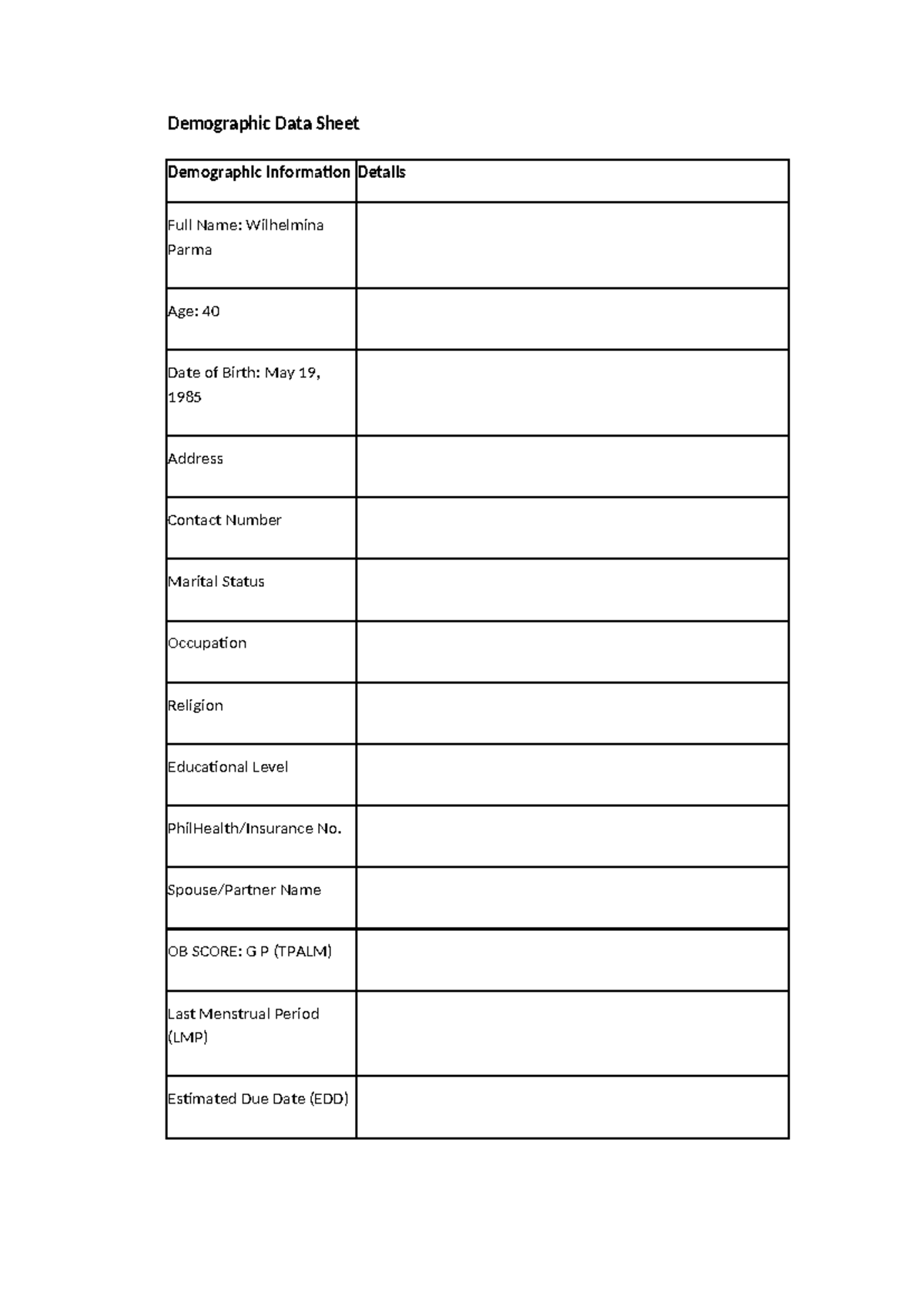 Pregnancy Demographic Data Sheet for Wilhelmina Parma - Studocu