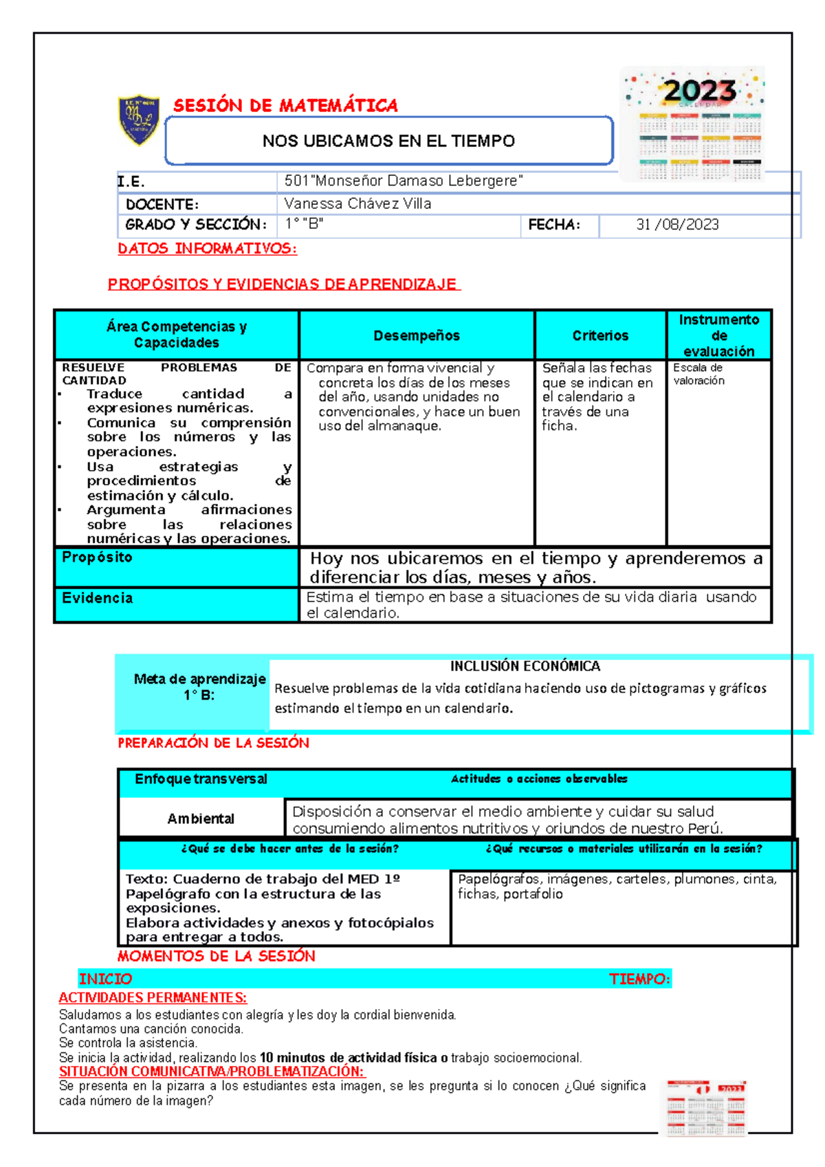 1° Sesión de Matemática: Nos Ubicamos en el Tiempo - 31 Ago 2023 - Studocu