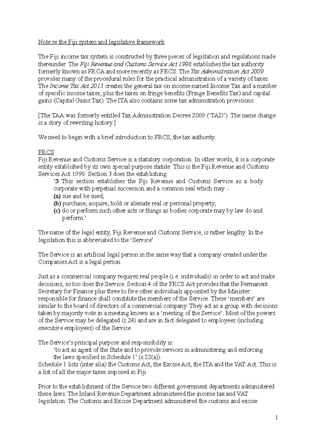 Fiji Tax System & Legislative Framework Overview (02 Notes) - Studocu
