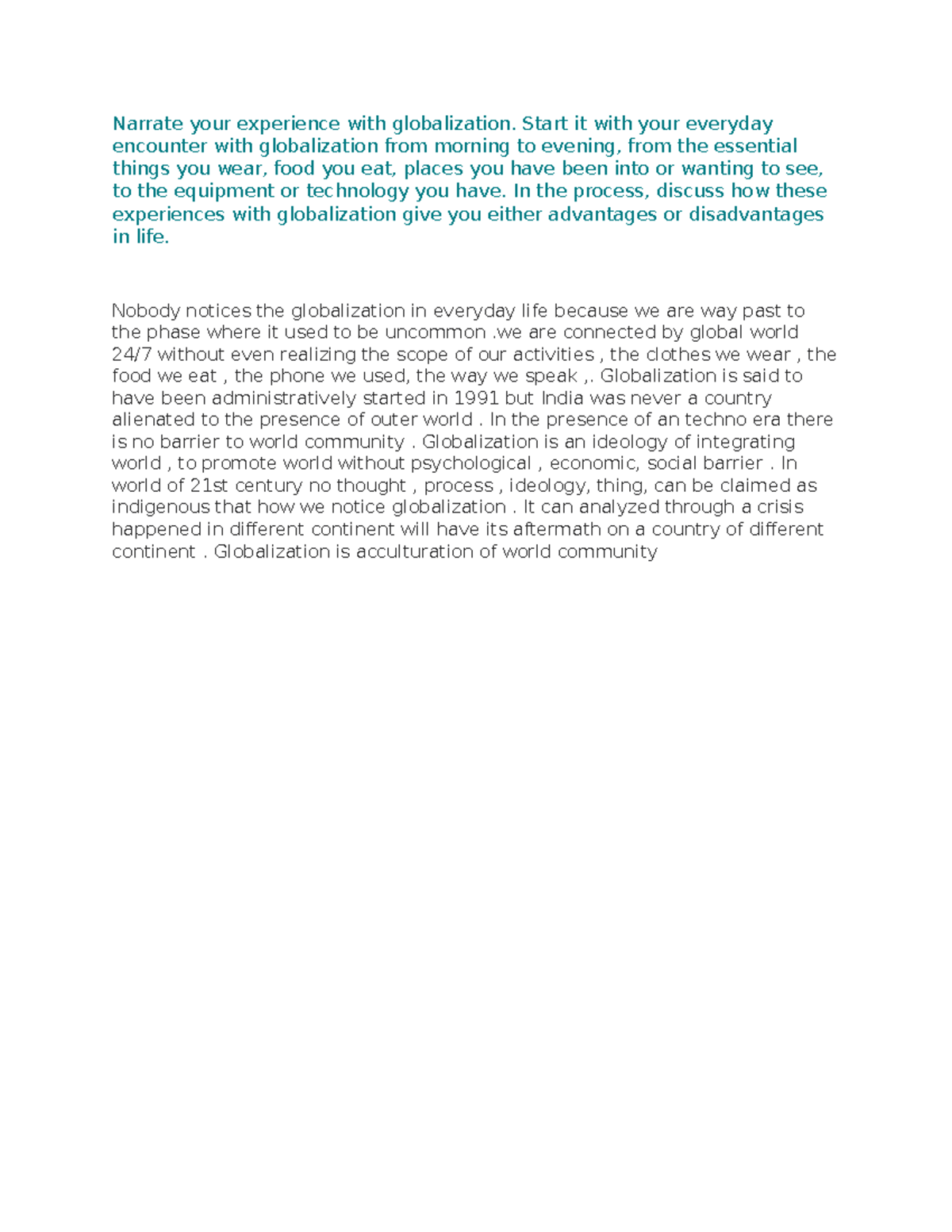 Narrate your experience with globalization - Start it with your ...