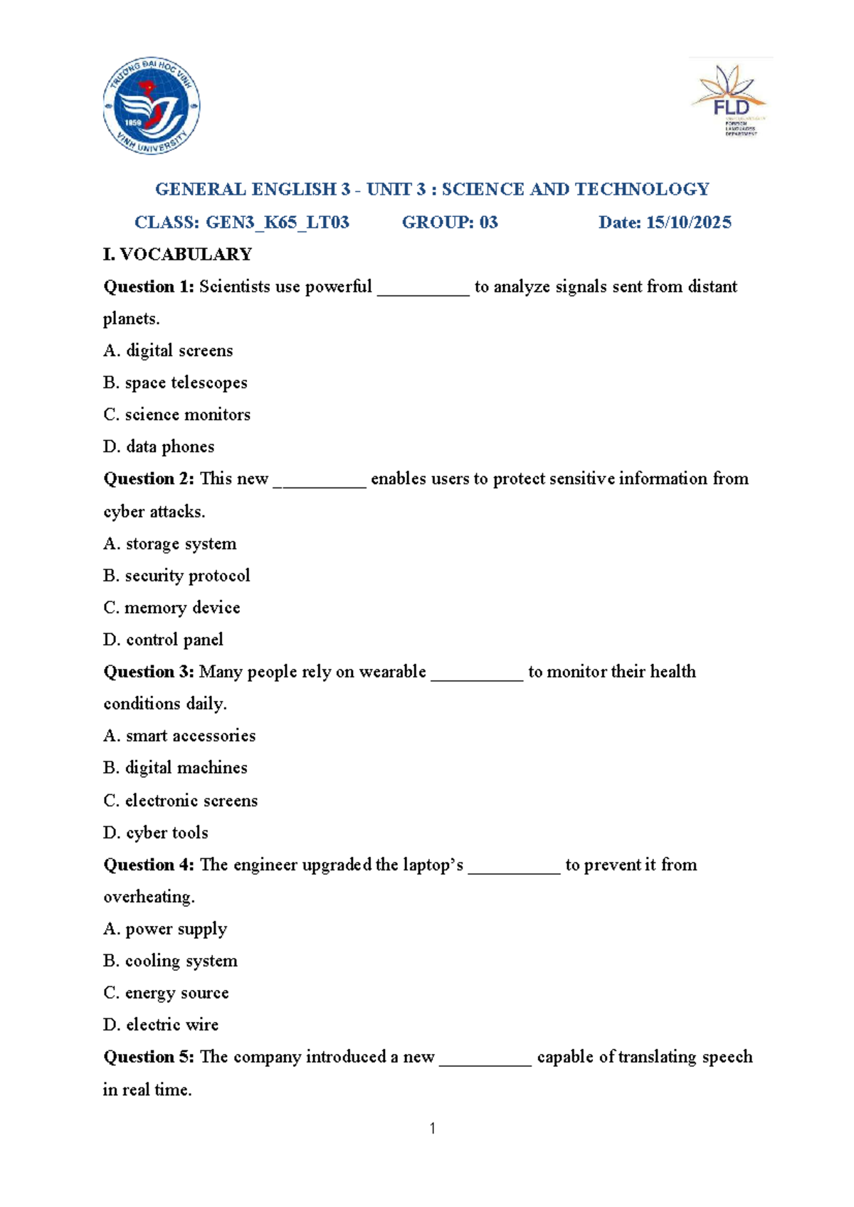 GENERAL ENGLISH 3 UNIT 3: SCIENCE AND TECHNOLOGY WORKSHEET GEN3_K65 ...
