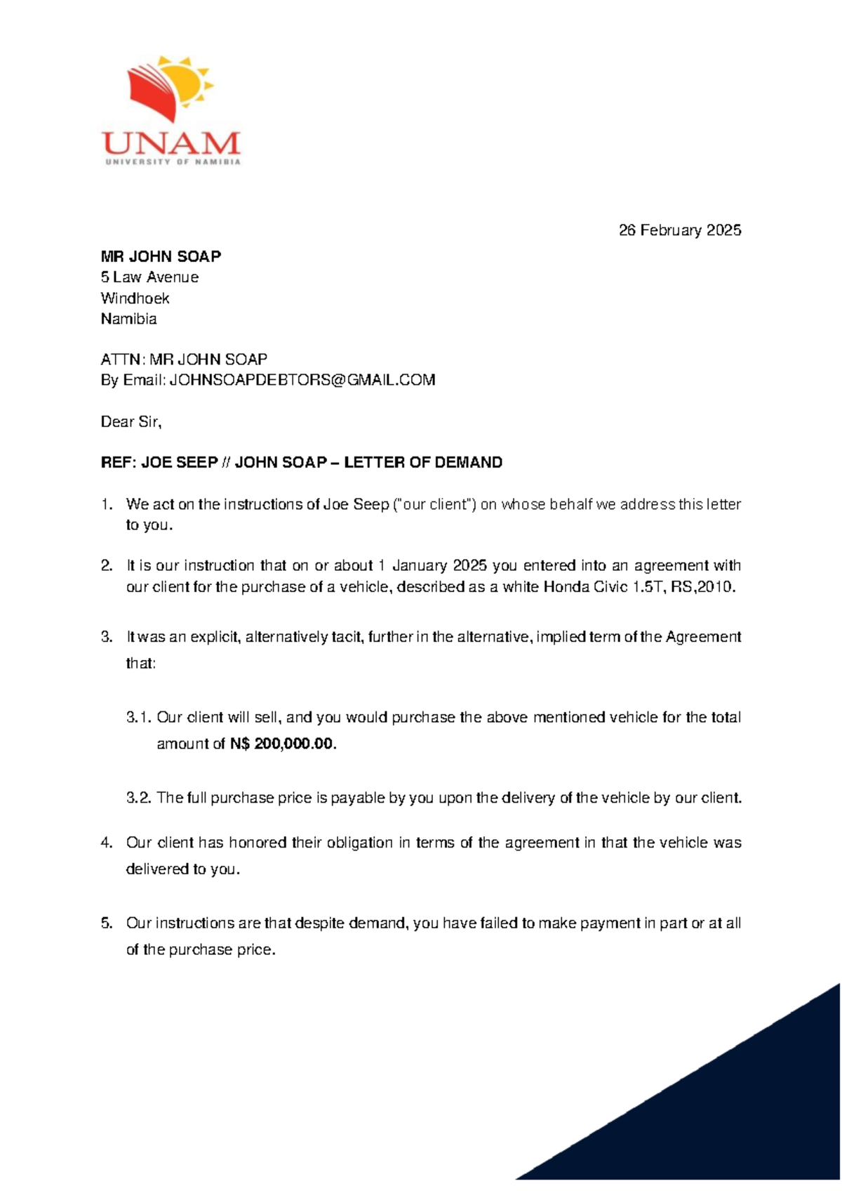 Letter of Demand: Joe Seep vs. John Soap - Vehicle Purchase Agreement ...
