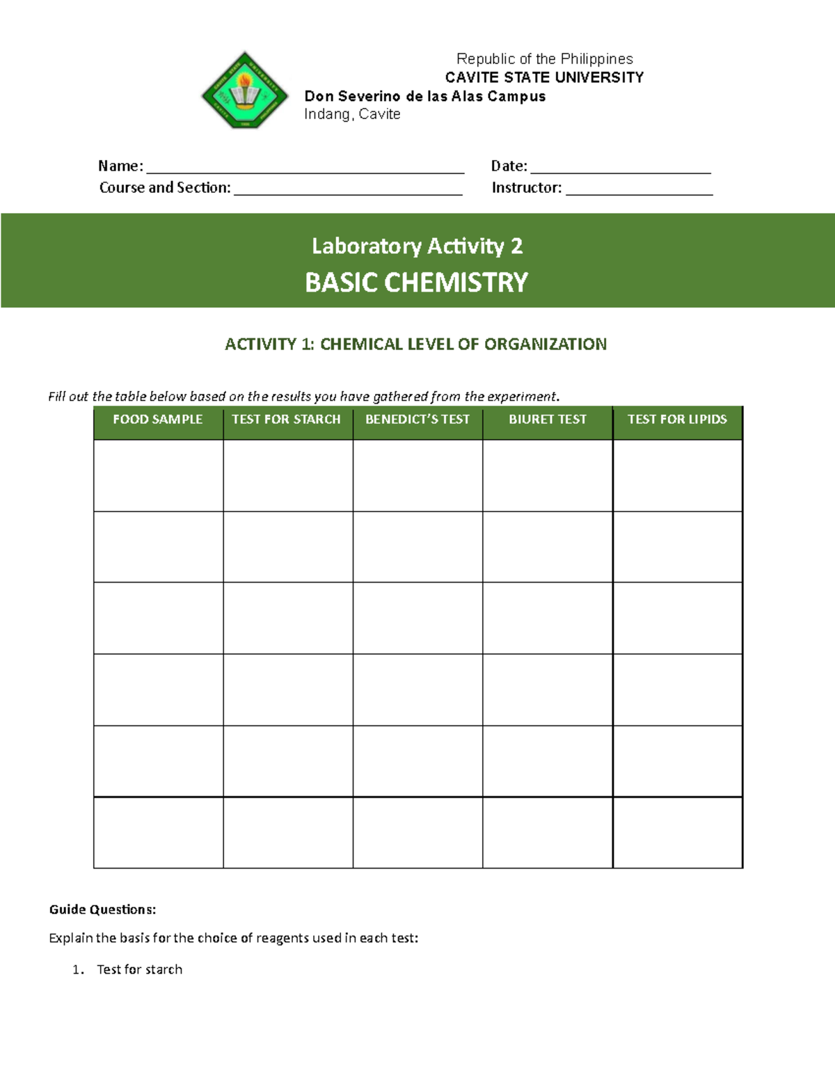 LAB-2a Basic Chemistry Activity Worksheet - Studocu