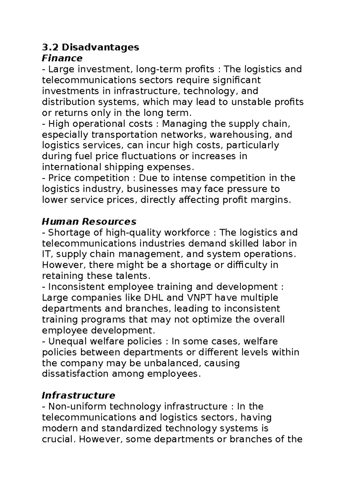 3.2 Disadvantages of Finance in Logistics & Telecommunications - Studocu