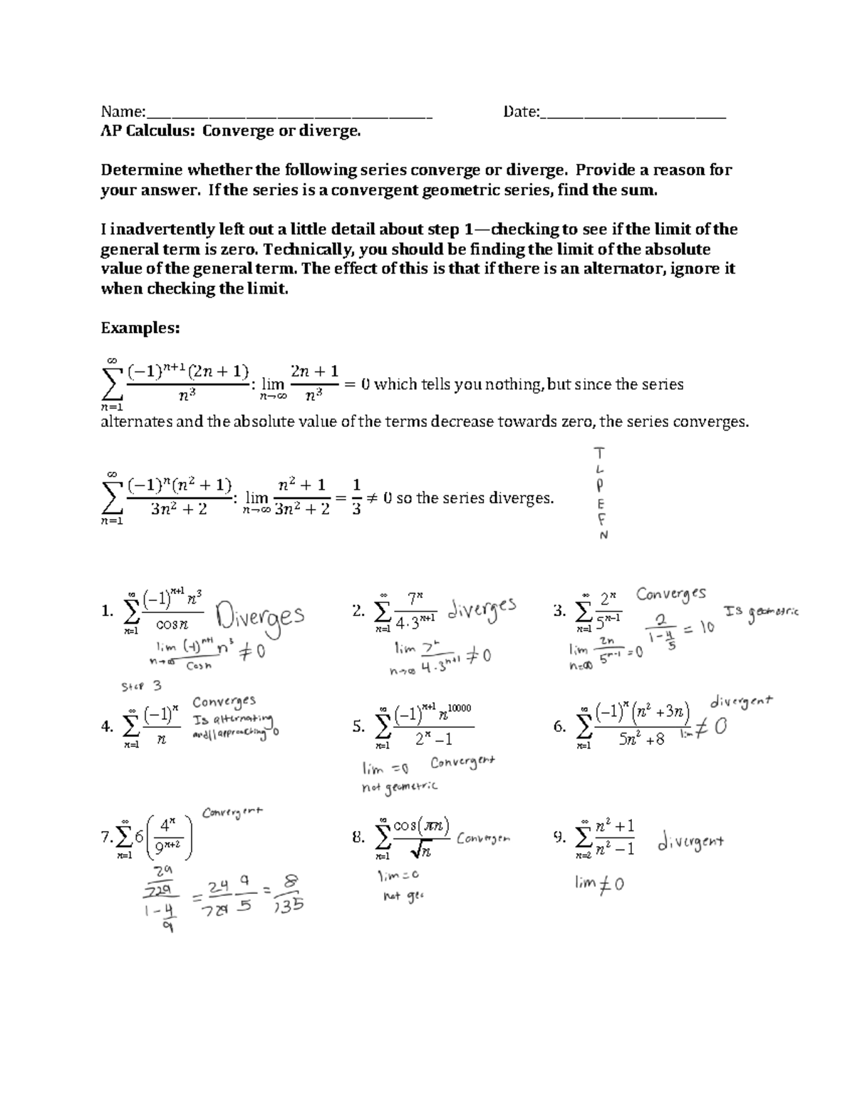AP Calculus: Convergence and Divergence Analysis (Converge Diverge 1-3 ...
