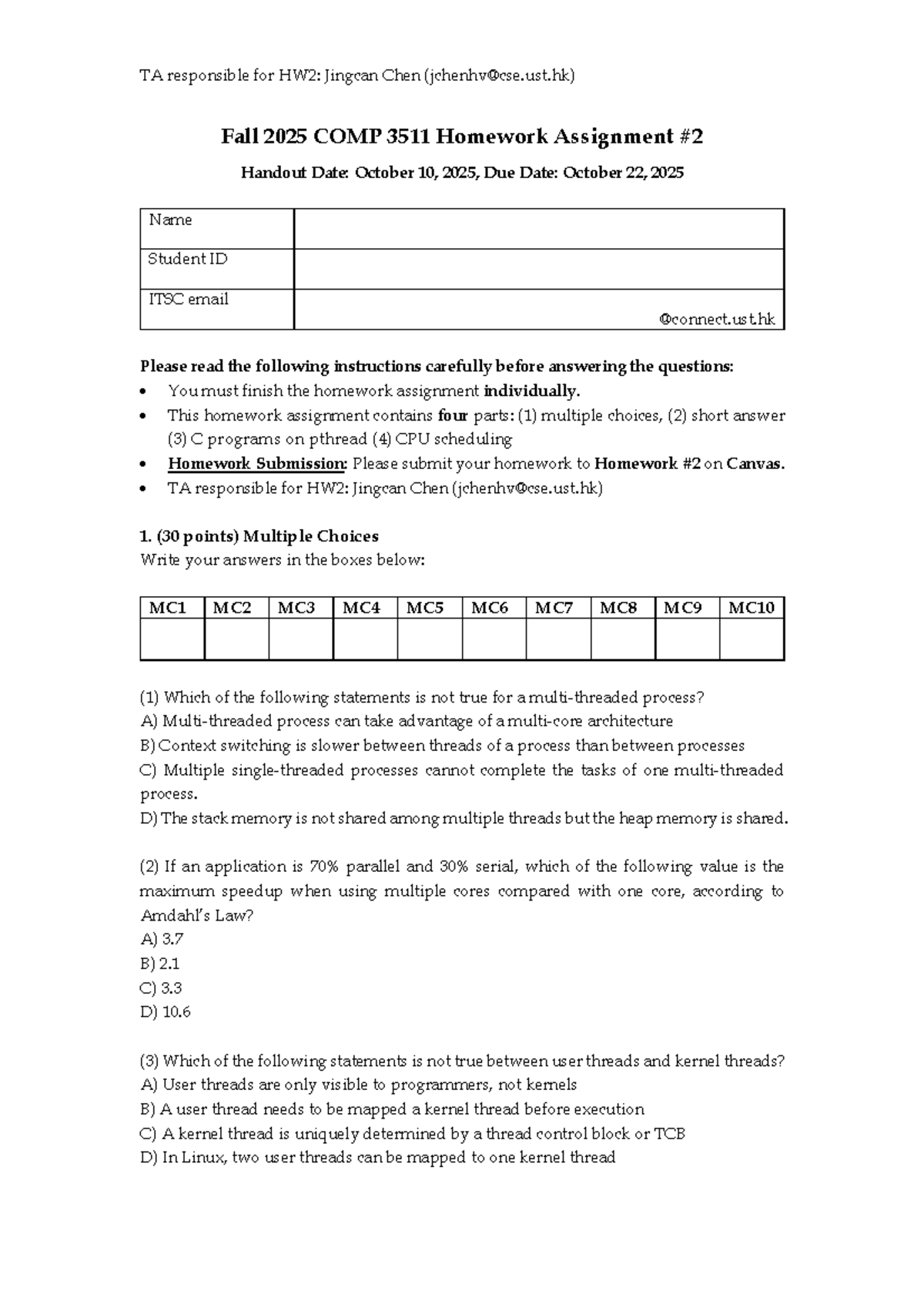 COMP 3511 Fall 2025 Homework 2 Problem Set and Instructions - Studocu