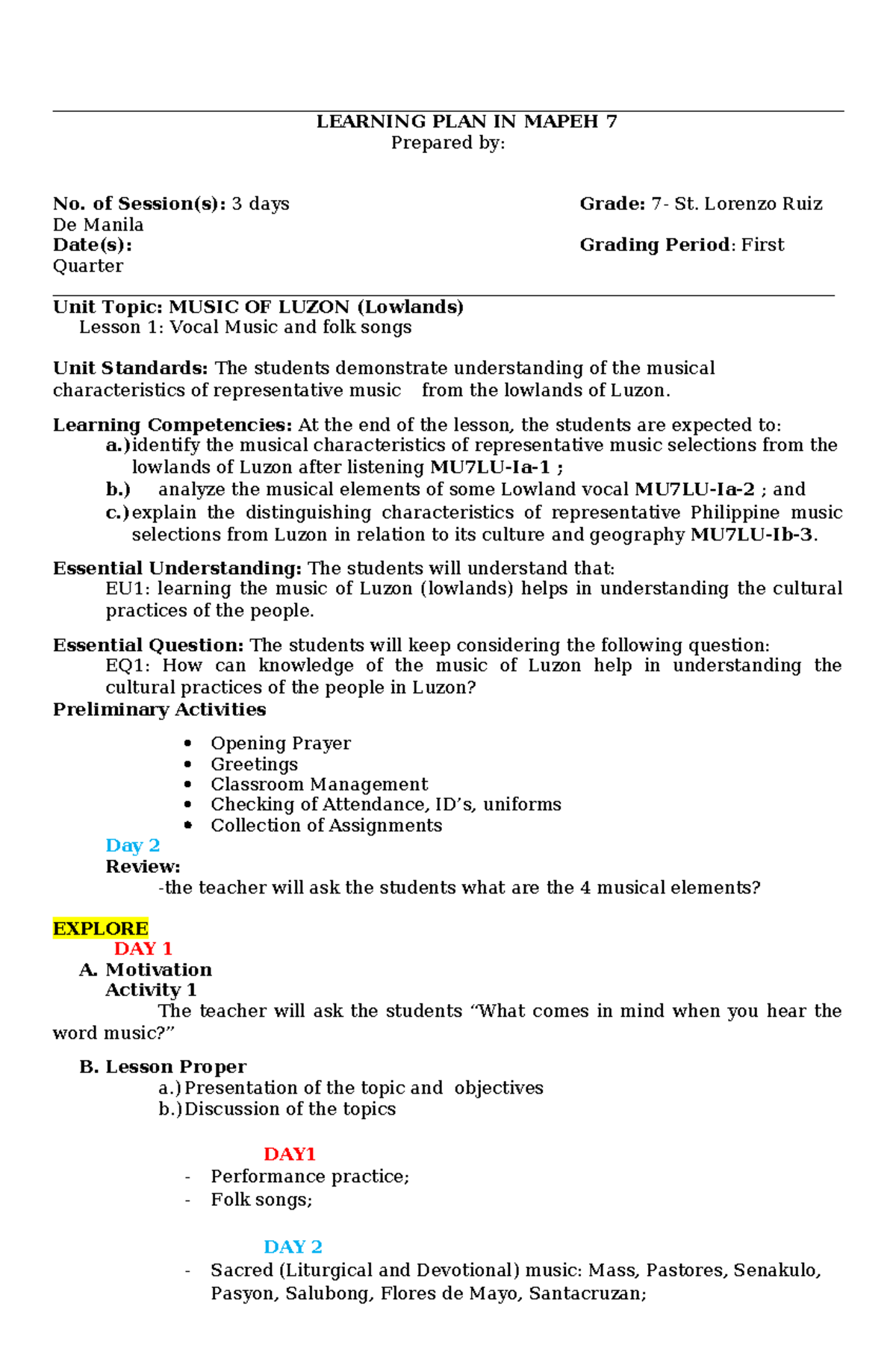 Day 1 - LESSON PLAN - - Studocu