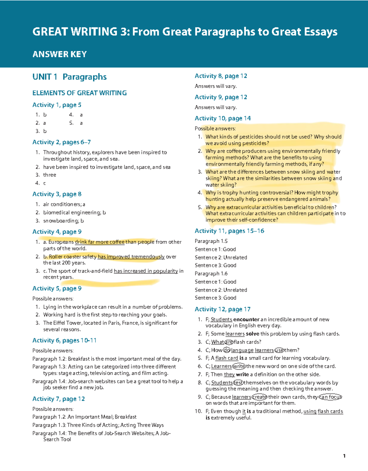 Great Writing 3: Unit 1 Answer Key for Paragraphs and Essays - Studocu