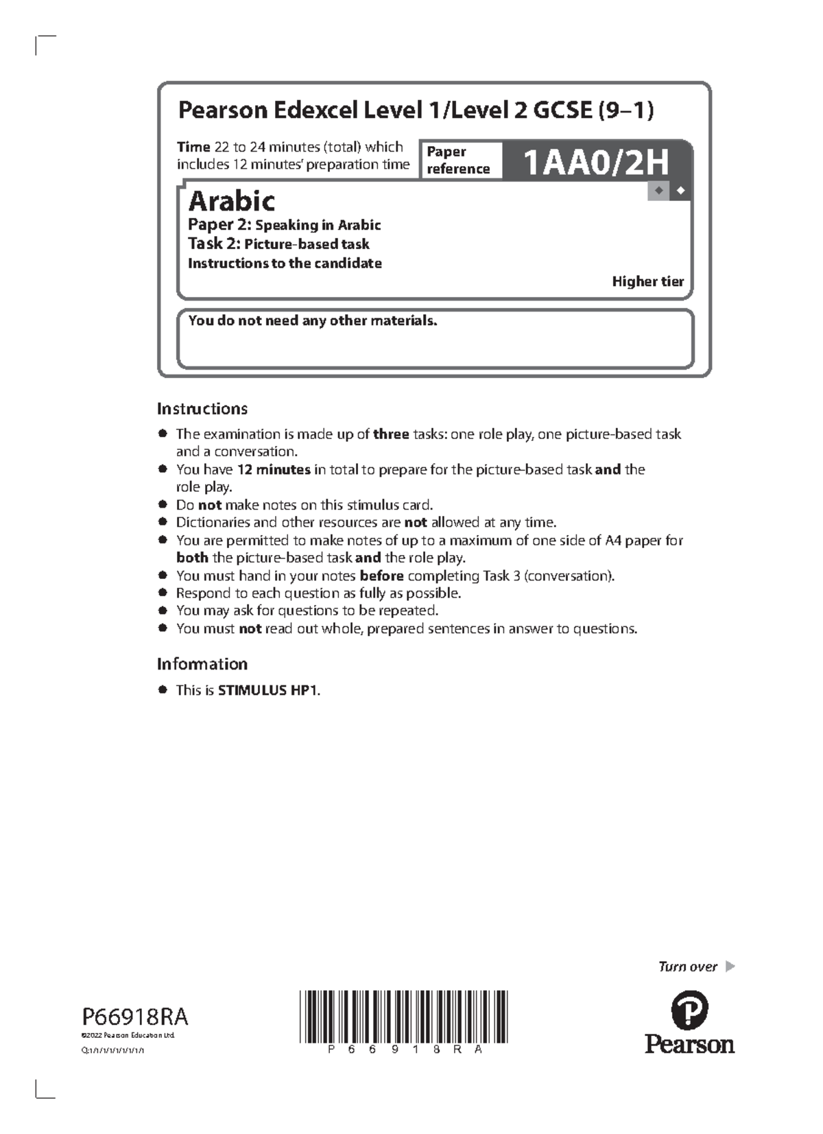 GCSE Arabic 1AA0/2H Paper 2: Speaking Task Picture Cards 2022 - Studocu