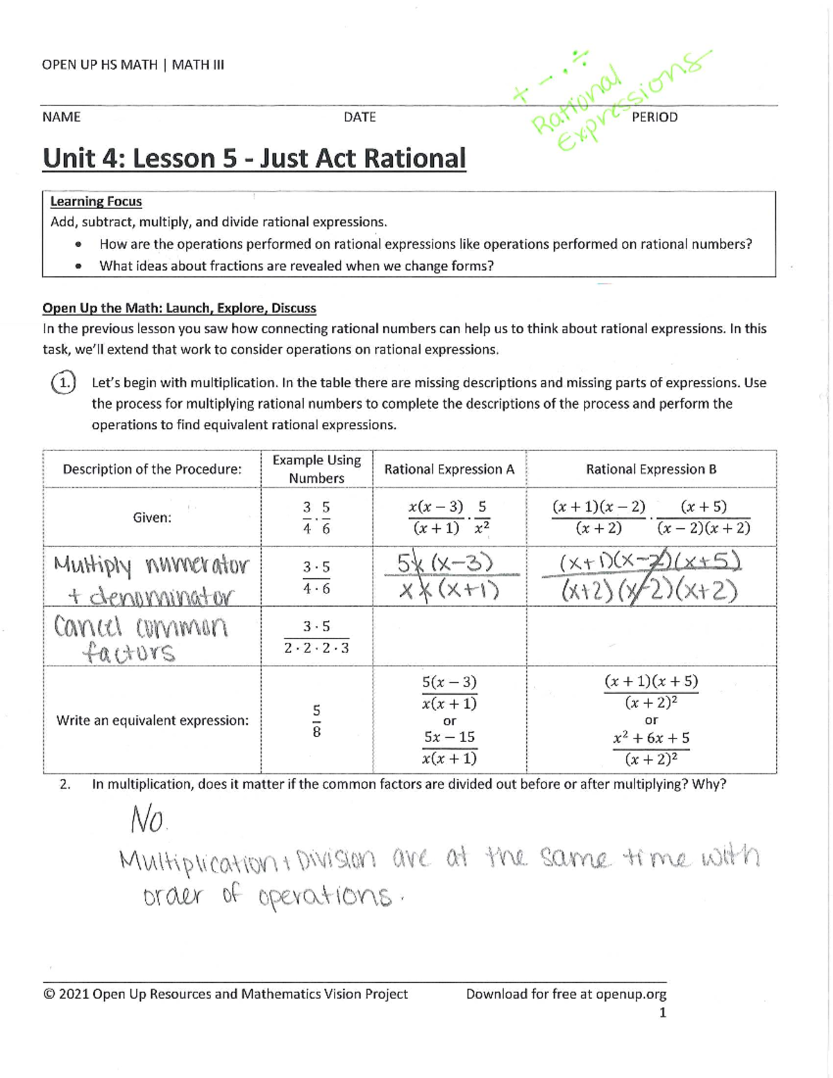 MATH X Unit 4 Lesson 5: Operations on Rational Expressions - Studocu