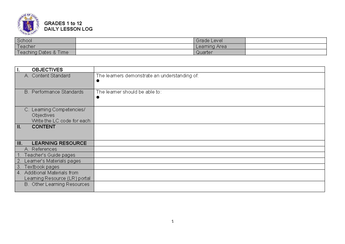 DLP Template for Grades 1-12 Daily Lesson Log - Studocu