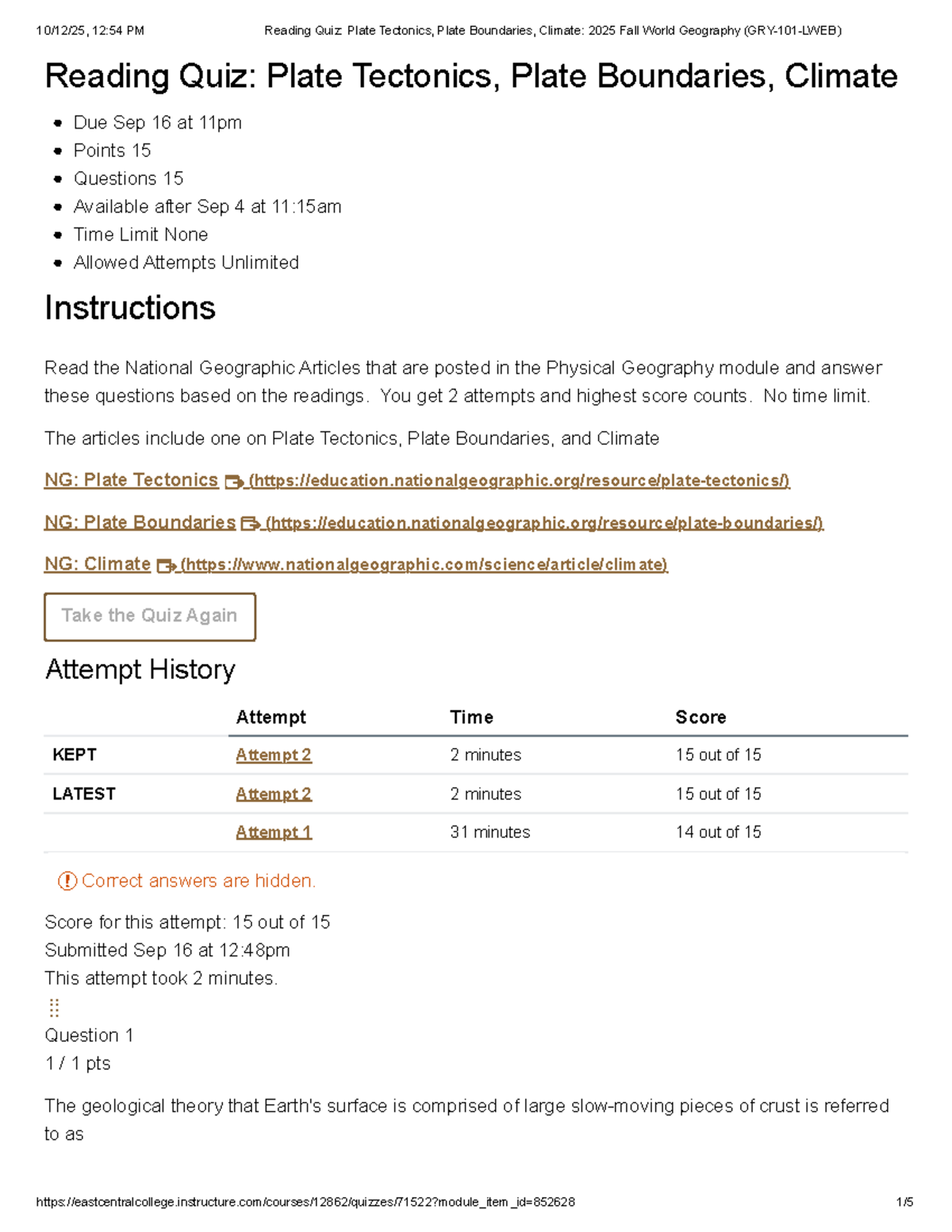 Reading Quiz: Plate Tectonics, Boundaries & Climate - Fall 2025 (GRY ...