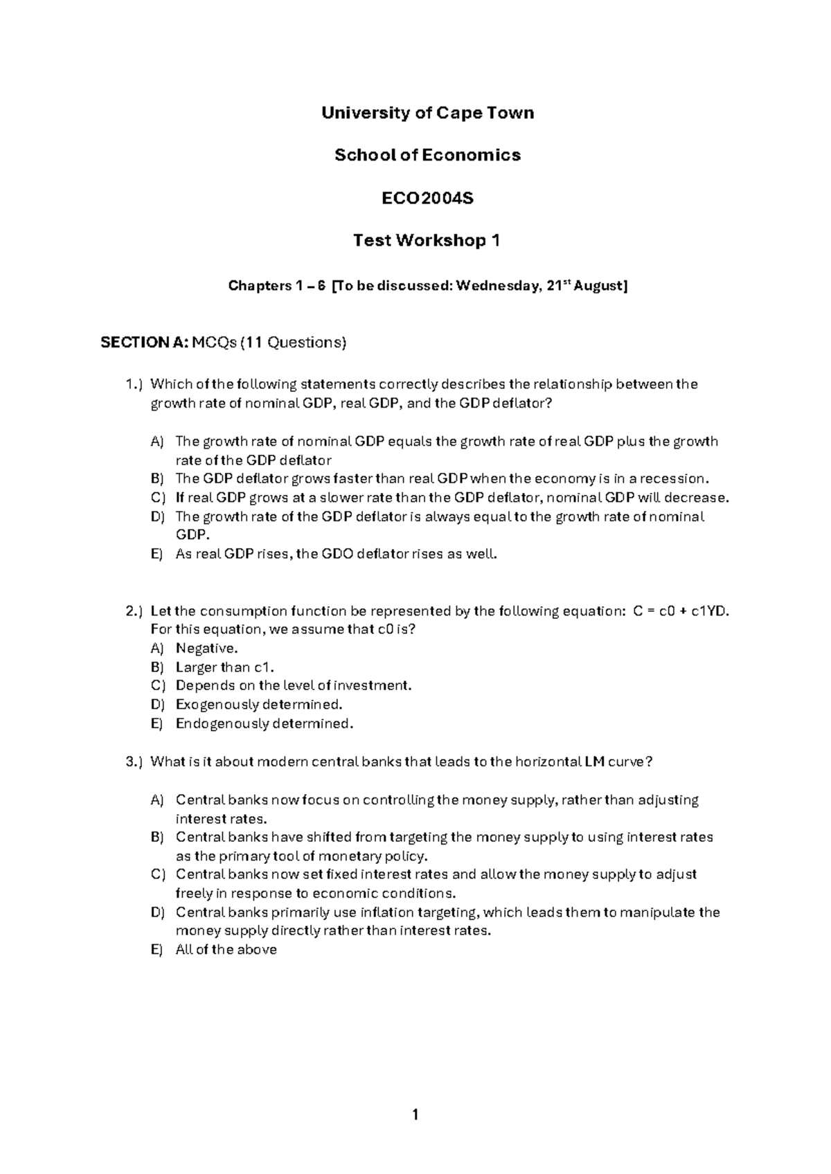ECO2004S Test Workshop 1: MCQs & Long Questions (Chapters 1-6) - Studocu