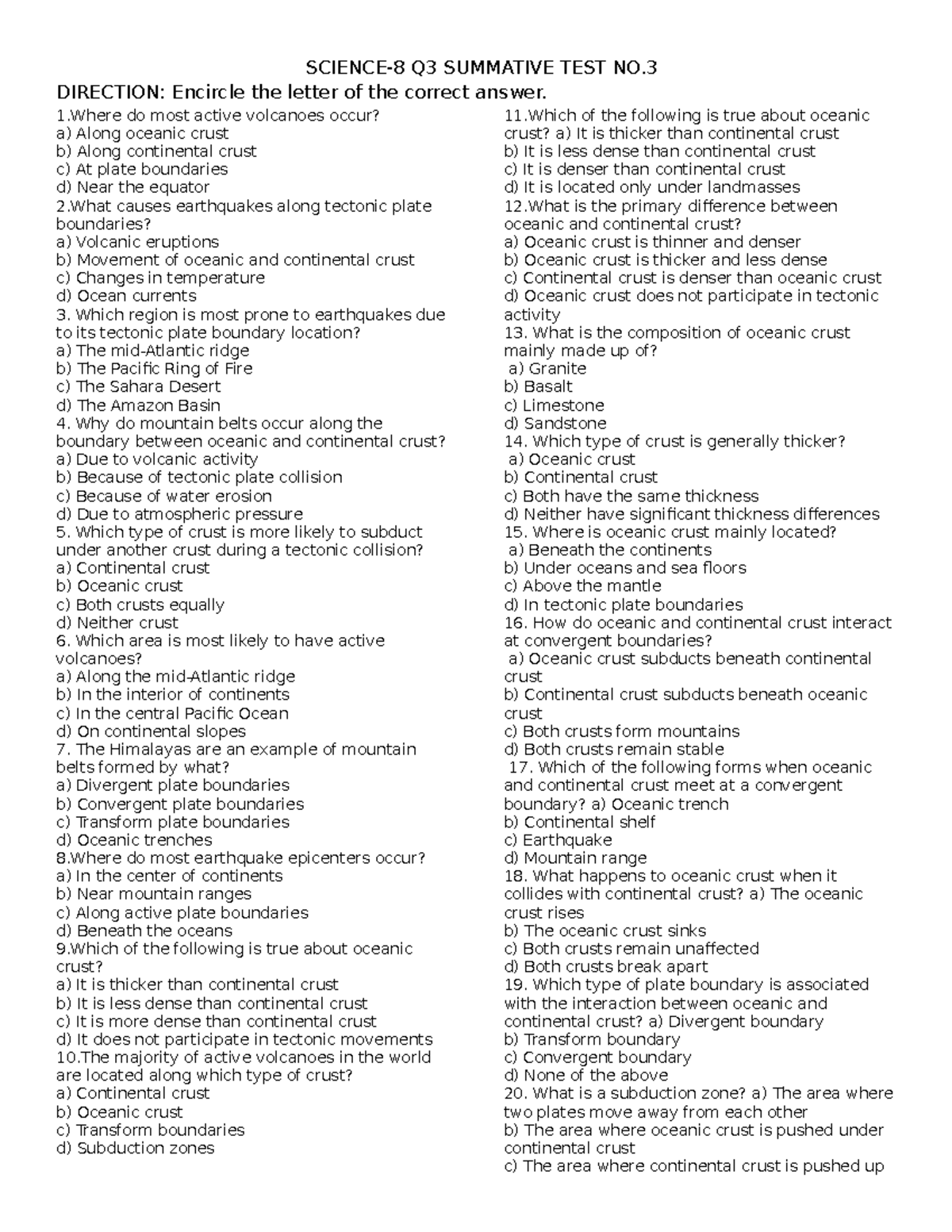 Science-8 Q3 Summative Test No.3: Tectonic Plates & Volcanoes - Studocu
