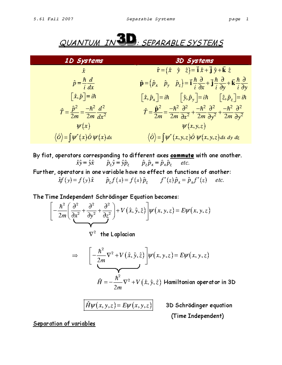 5.61 Fall 2007 Quantum Lecture 16: Separable Systems in 1D and 3D - Studocu