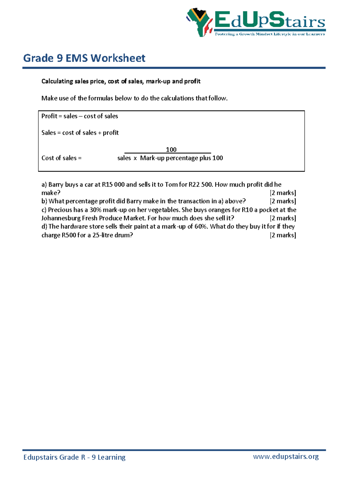 Calculating Sales Price, Cost of Sales & Profit: Grade 9 EMS Worksheet ...