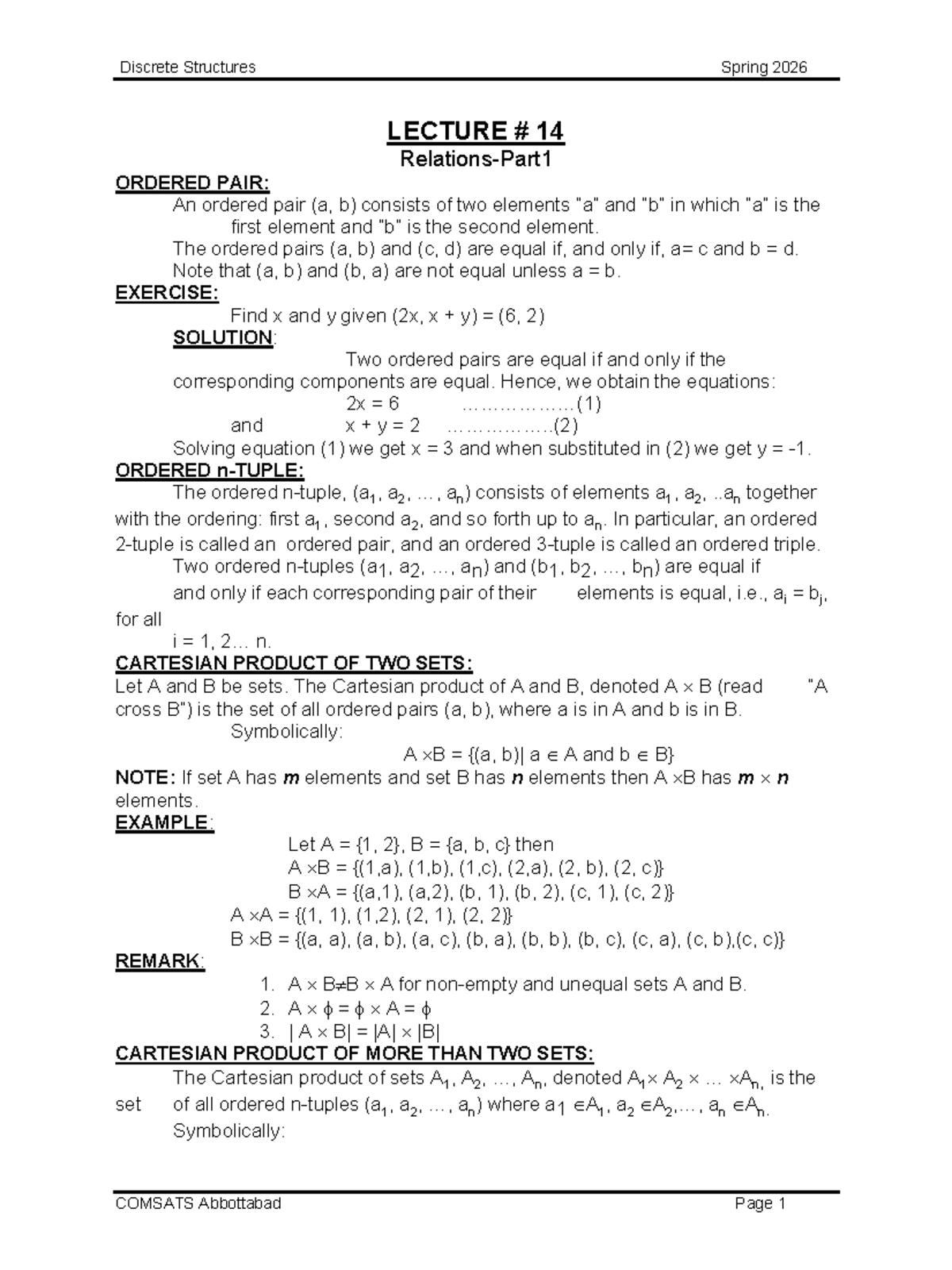 Discrete Structures Spring 2026 LECTURE 14: Relations and Ordered Pairs ...