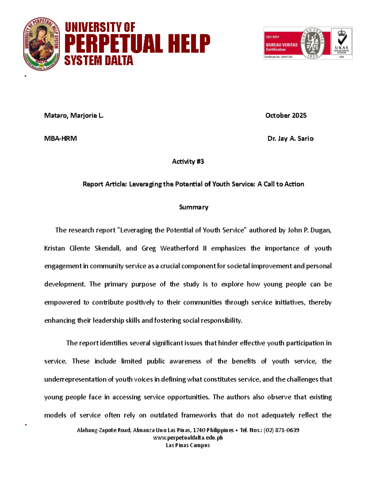 Activity Report: Empowering Youth Through Community Service - HR 101 ...